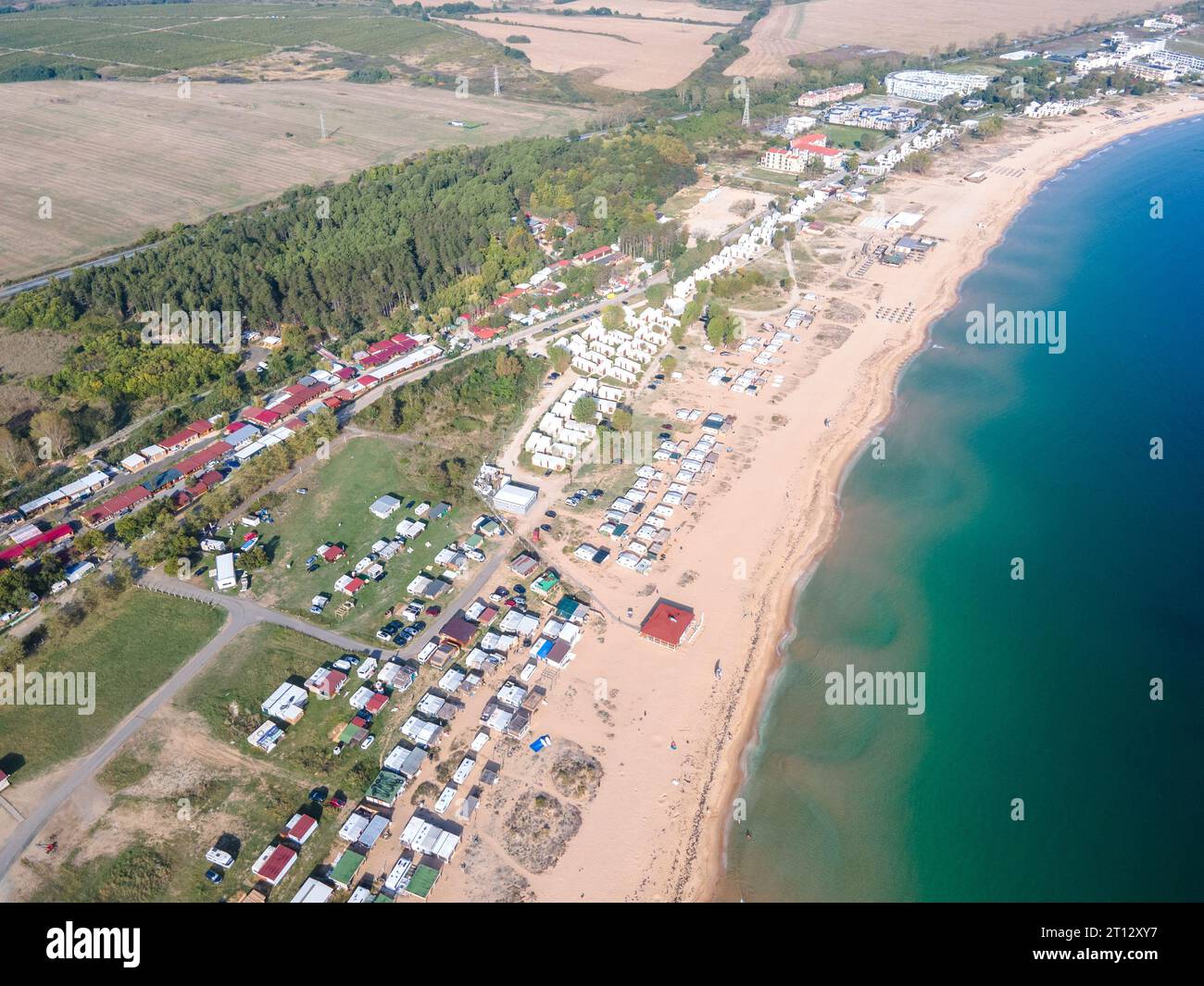 Aerial view of Gradina (Garden) Beach near town of Sozopol, Burgas ...
