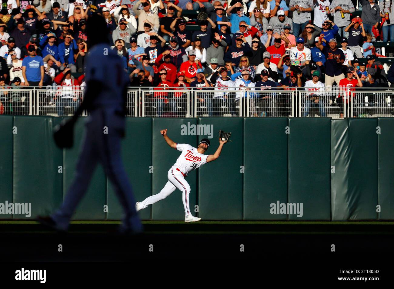 Minnesota Twins left fielder Matt Wallner catches the fly out hit by ...