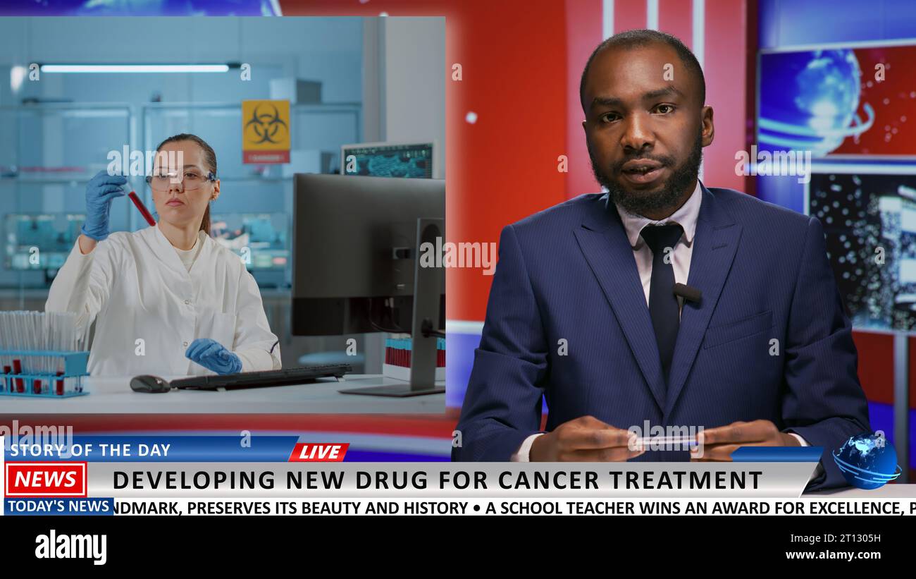 Media presenter shows science experiment, talking about new development ...