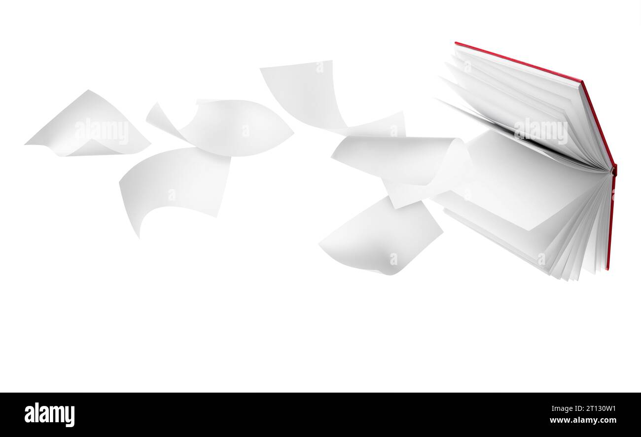 Open book and many flying pages isolated on white Stock Photo - Alamy