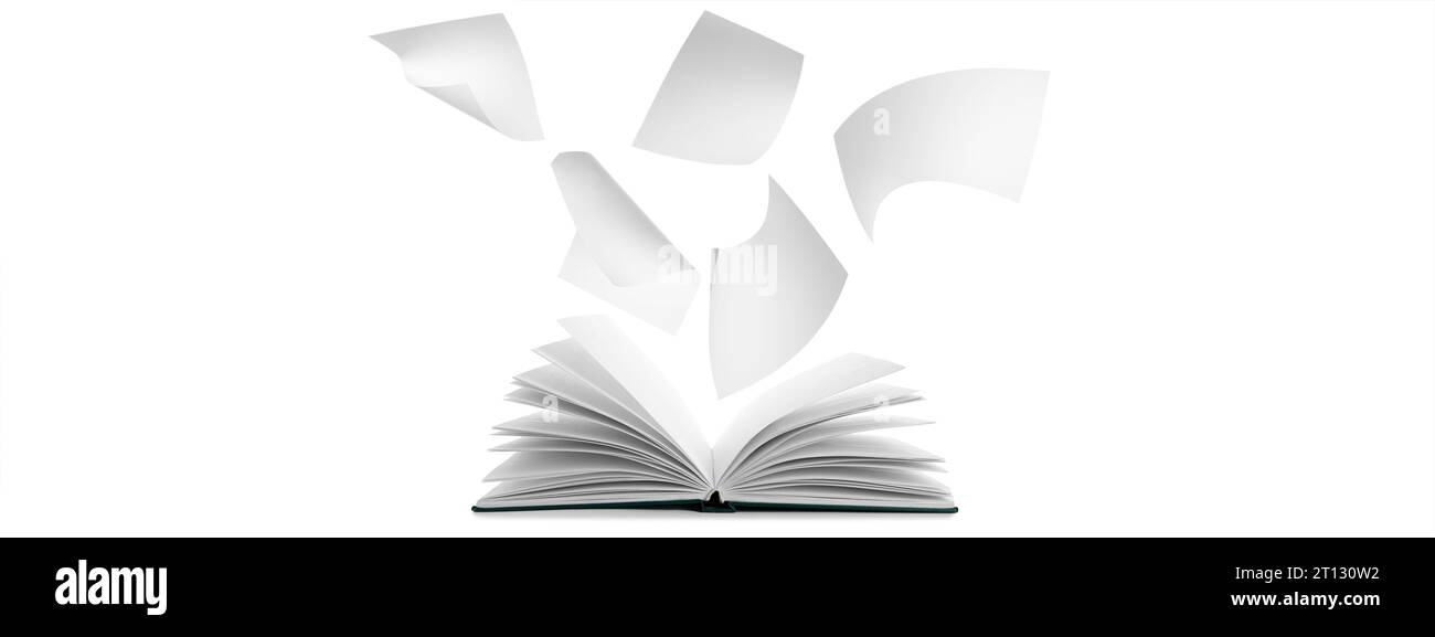 Open book and many flying pages isolated on white Stock Photo - Alamy