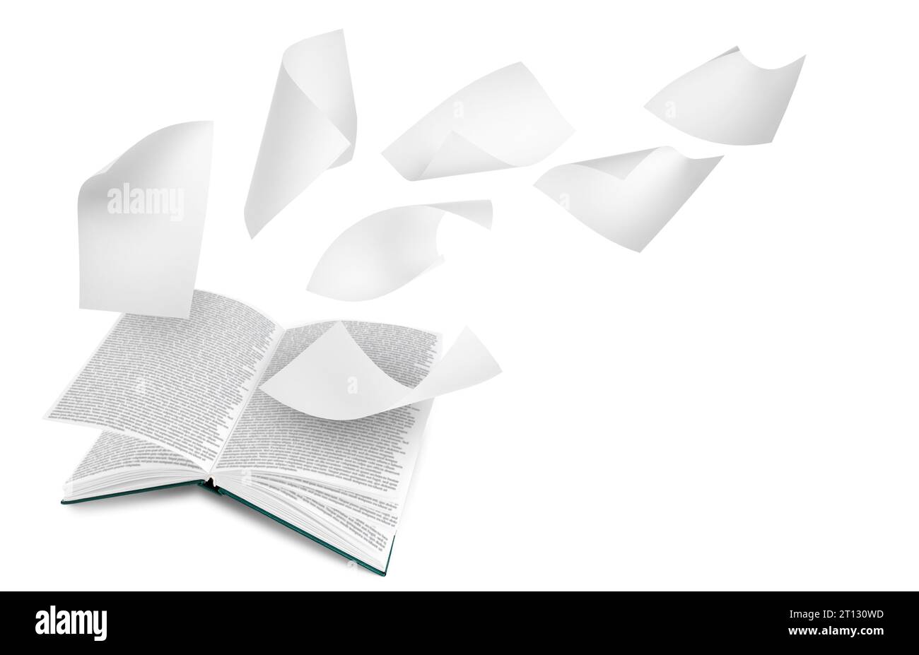 Open book and many flying pages isolated on white Stock Photo - Alamy