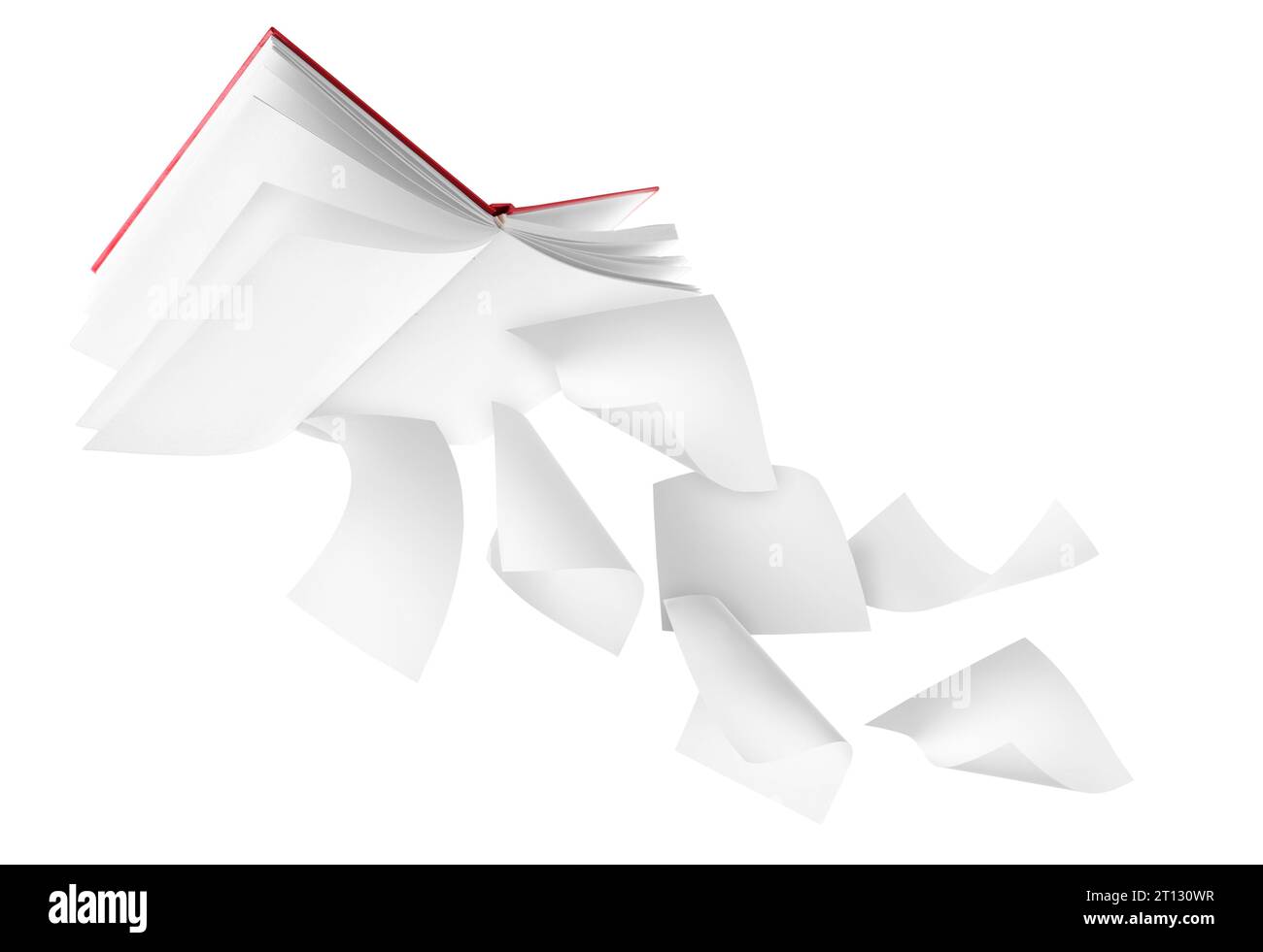Open book and many flying pages isolated on white Stock Photo - Alamy