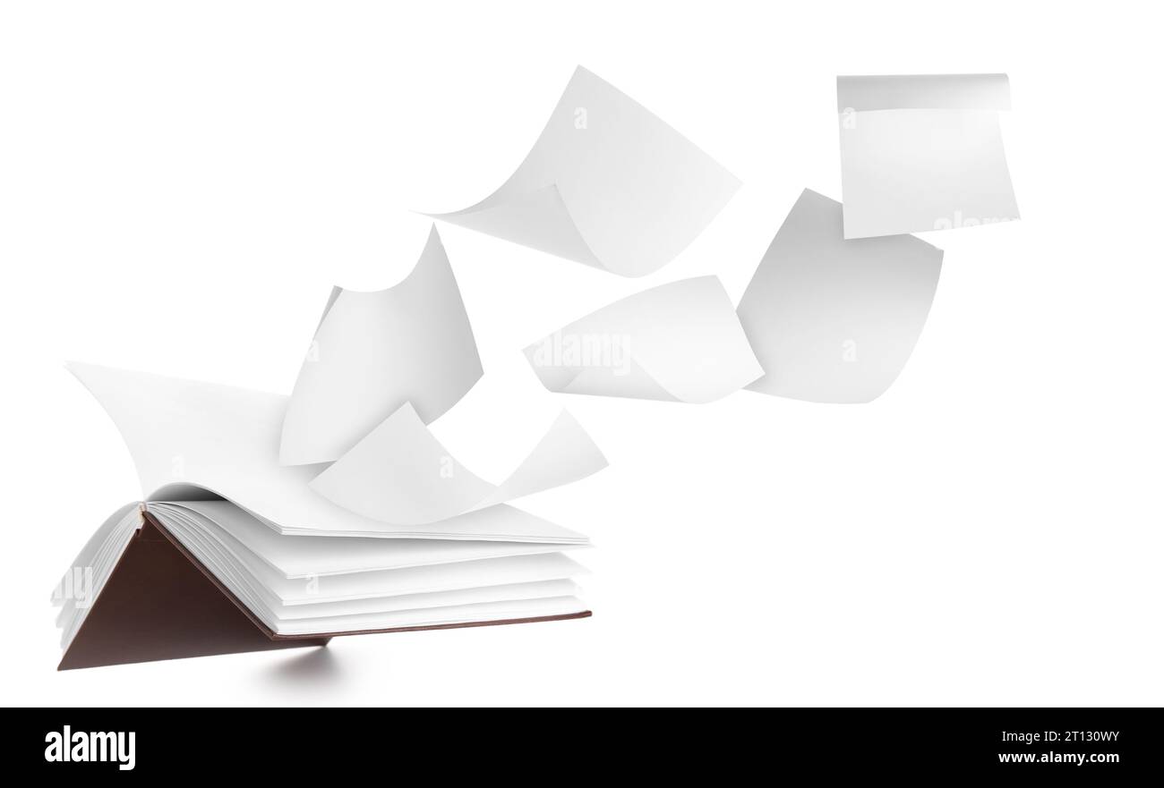Open book and many flying pages isolated on white Stock Photo - Alamy