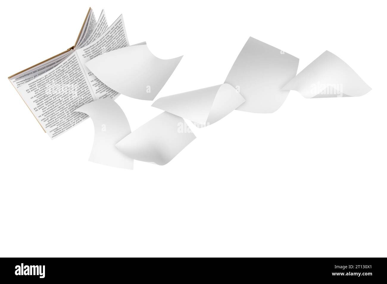 Open book and many flying pages isolated on white Stock Photo - Alamy