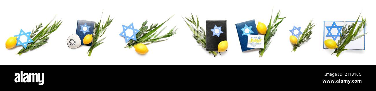 Set of Sukkot festival symbols and torah on white background Stock ...