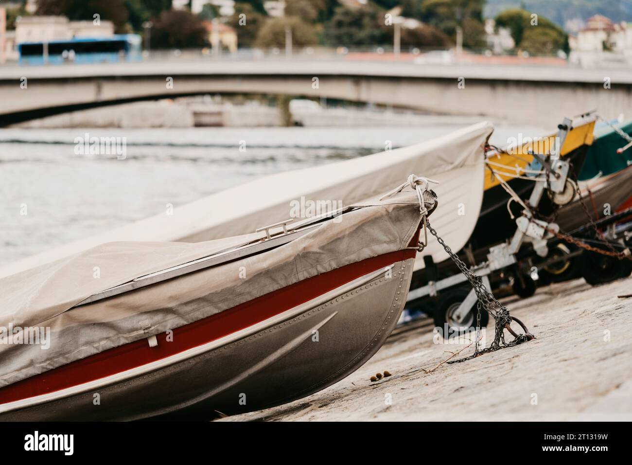 Small fishing boats with fishing net and equipment, motor boat or sail ...