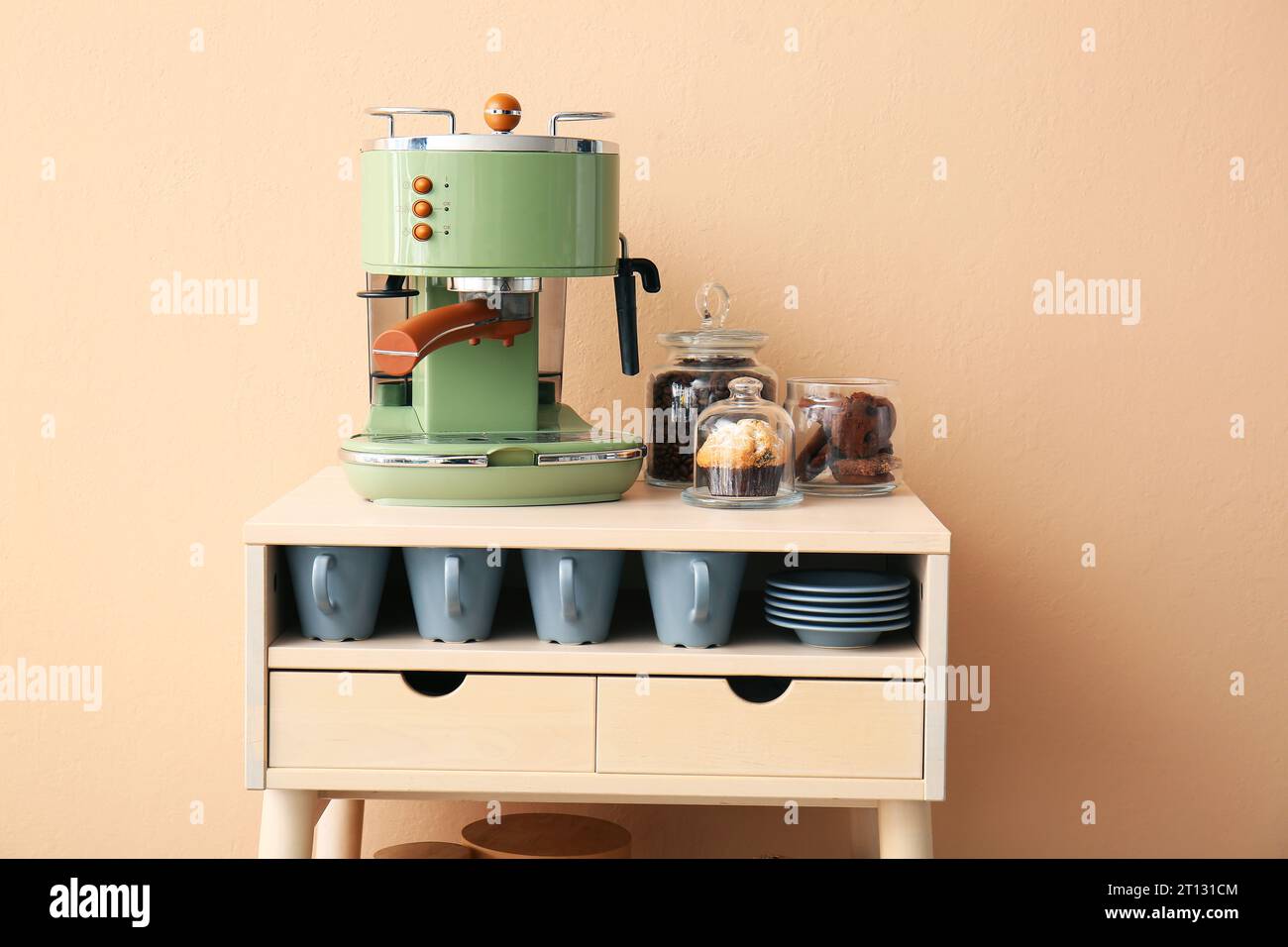 Table coffee machine snacks hi-res stock photography and images - Alamy