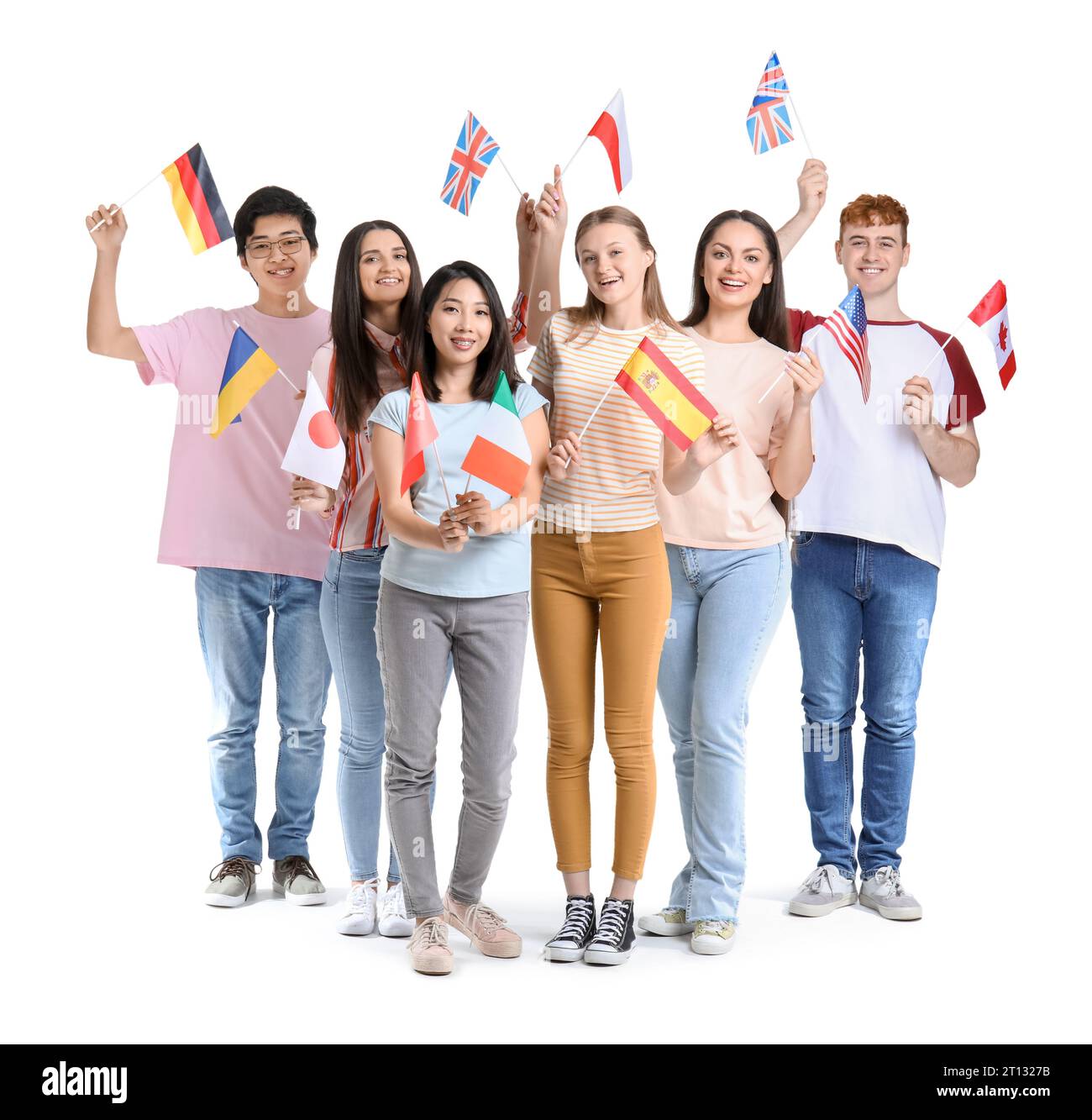 Young students of language school with flags on white background Stock ...