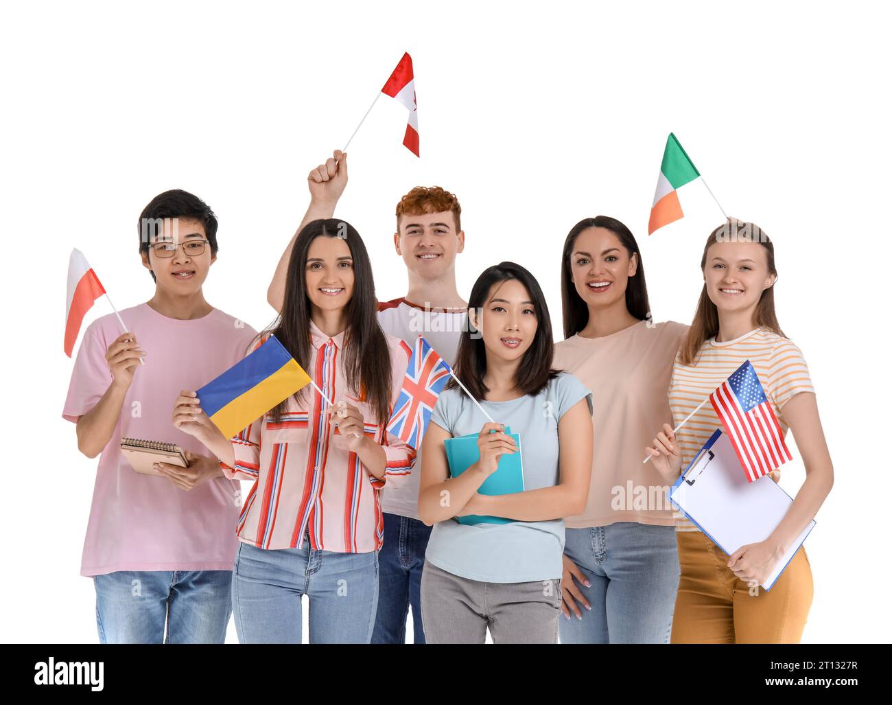 Young students of language school with flags on white background Stock ...