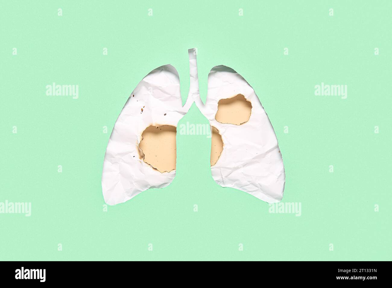 Cut out paper lungs with burnt holes on turquoise background. Lung ...