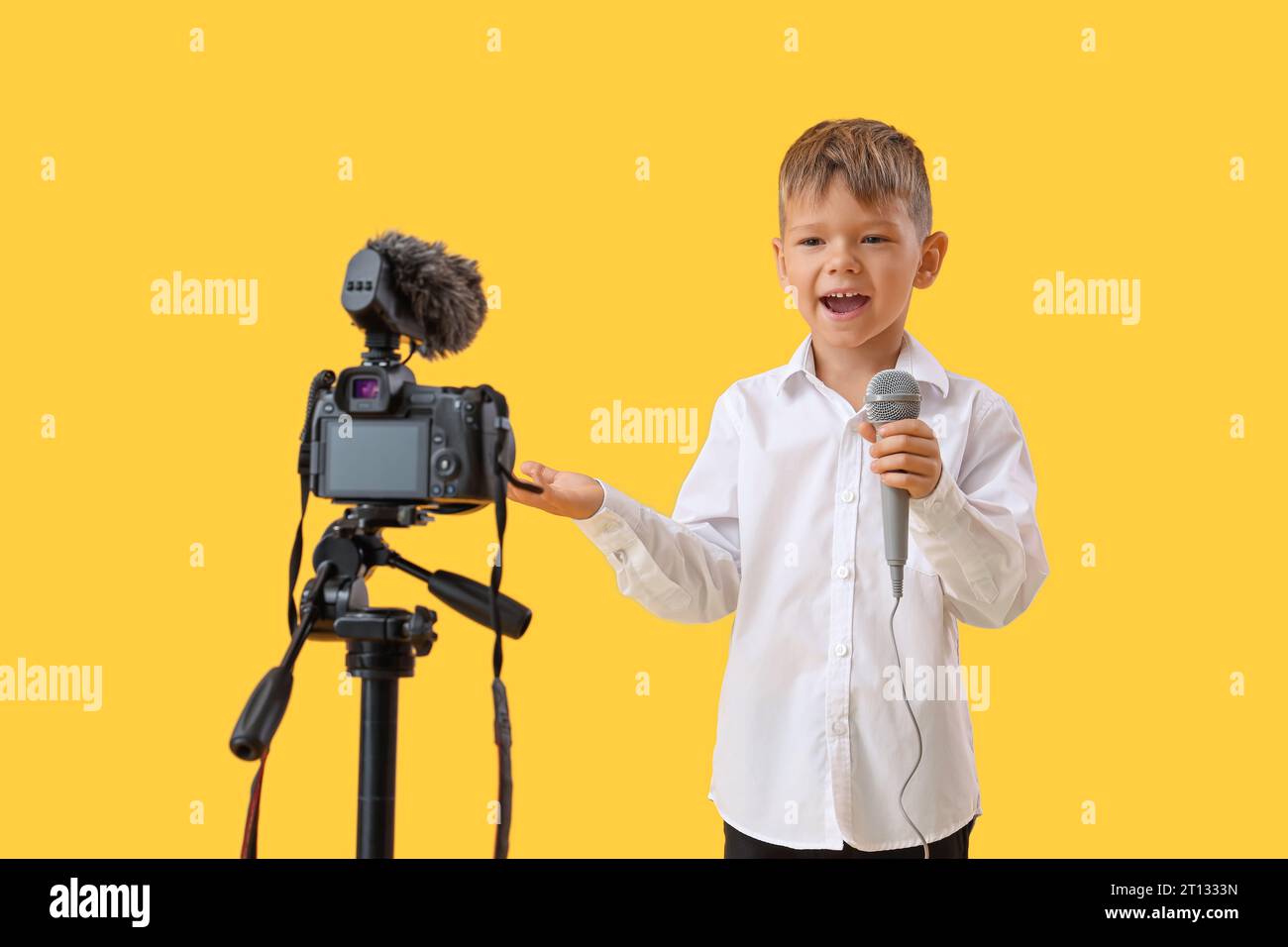 Cute little journalist with microphone and camera on yellow background ...