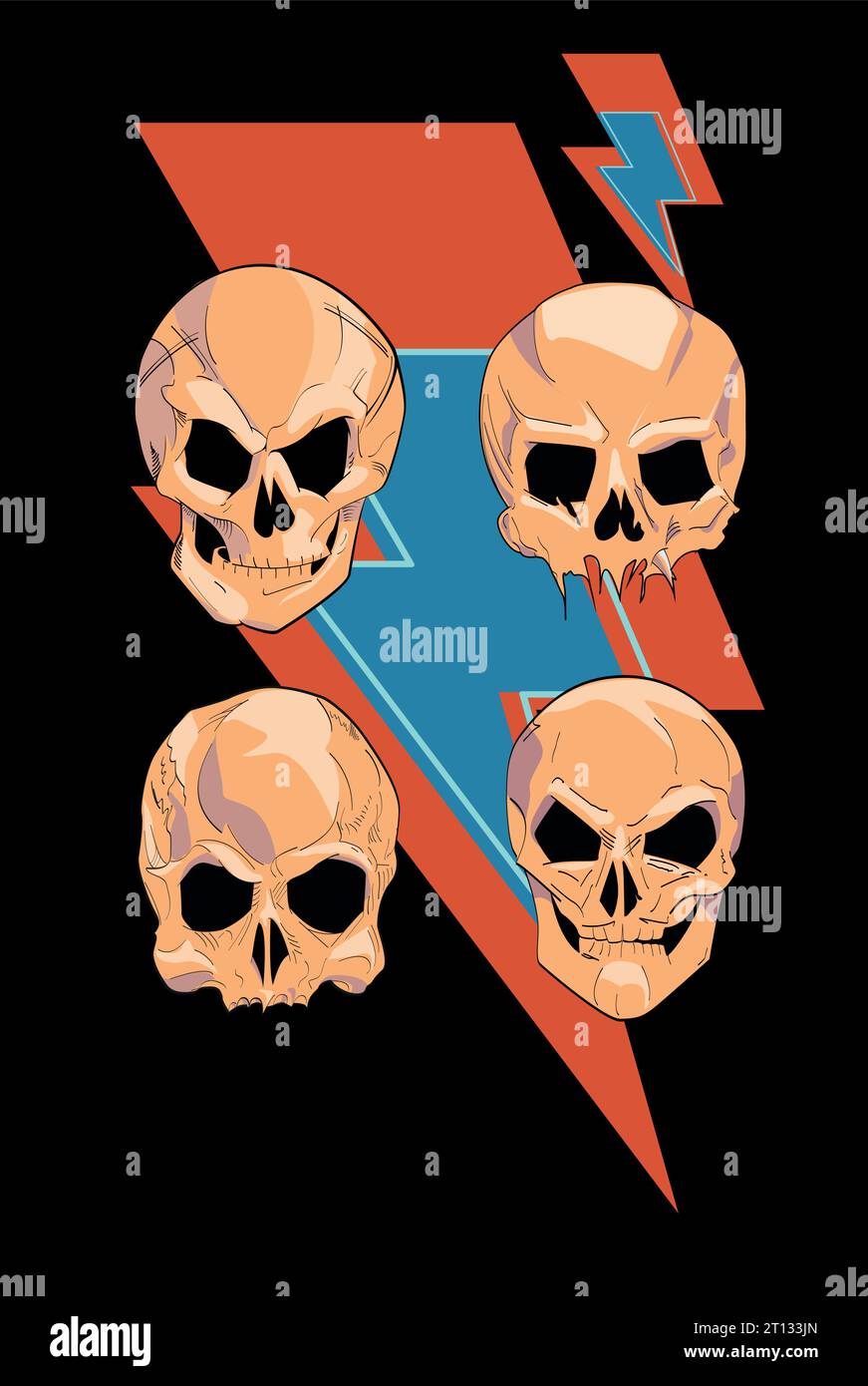 T-shirt design of the thunderbolt symbol along with four skulls ...