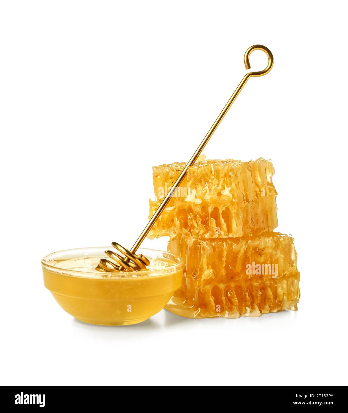 Glass bowl with sweet honey and combs on white background Stock Photo ...