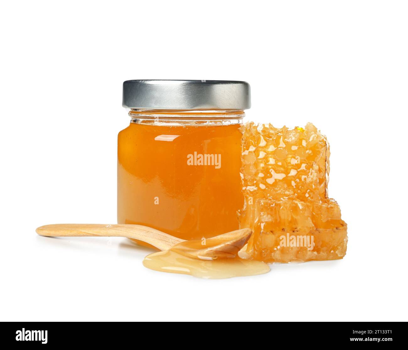 Wooden spoon and jar of sweet honey with combs on white background ...