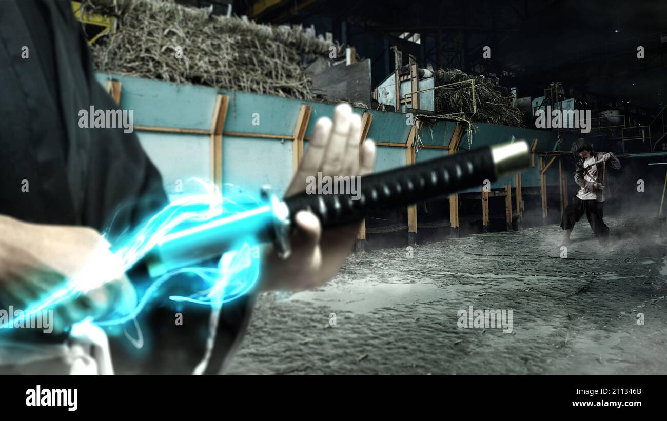 Samurai warriors gripping the sword fight against scary zombies while ...