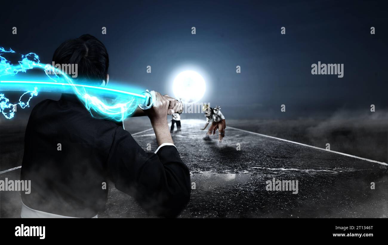 Samurai warriors holding the sword fight against scary zombies in the ...