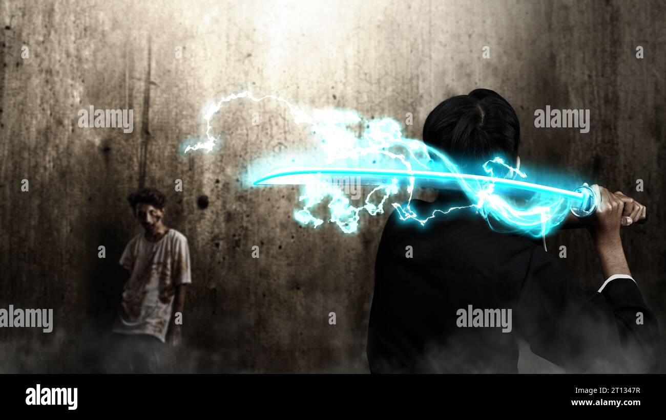 Samurai warriors holding the sword fight against scary zombies in the ...