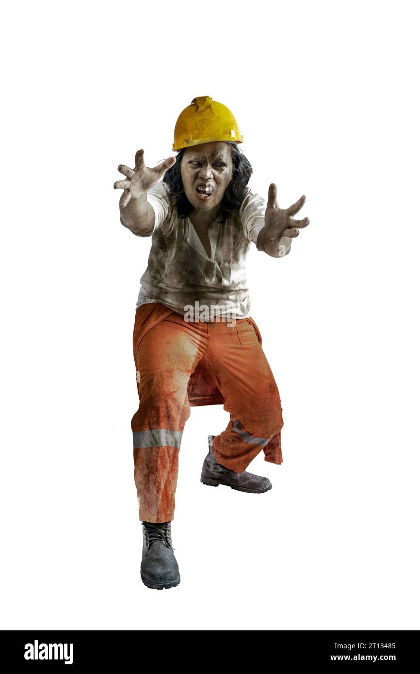 A scary construction worker zombie with blood and wounds on his body ...