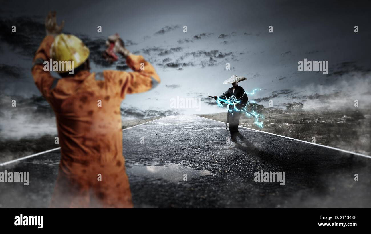 Samurai warriors gripping the sword fight against scary zombies while ...