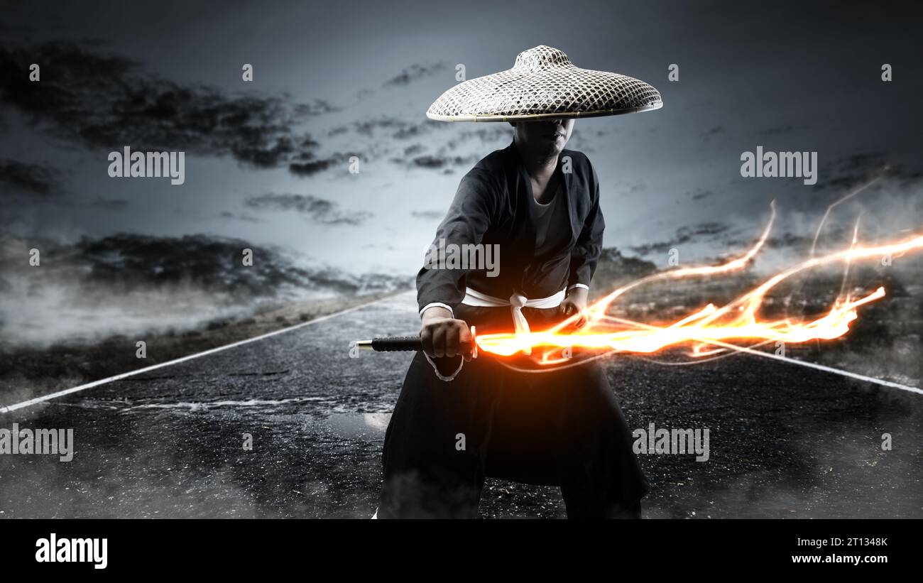 Samurai warriors holding their swords ready to fight against scary ...