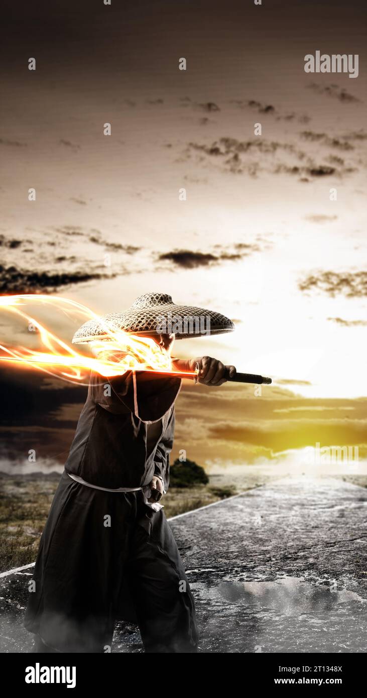 Samurai warriors holding their swords ready to fight against scary ...