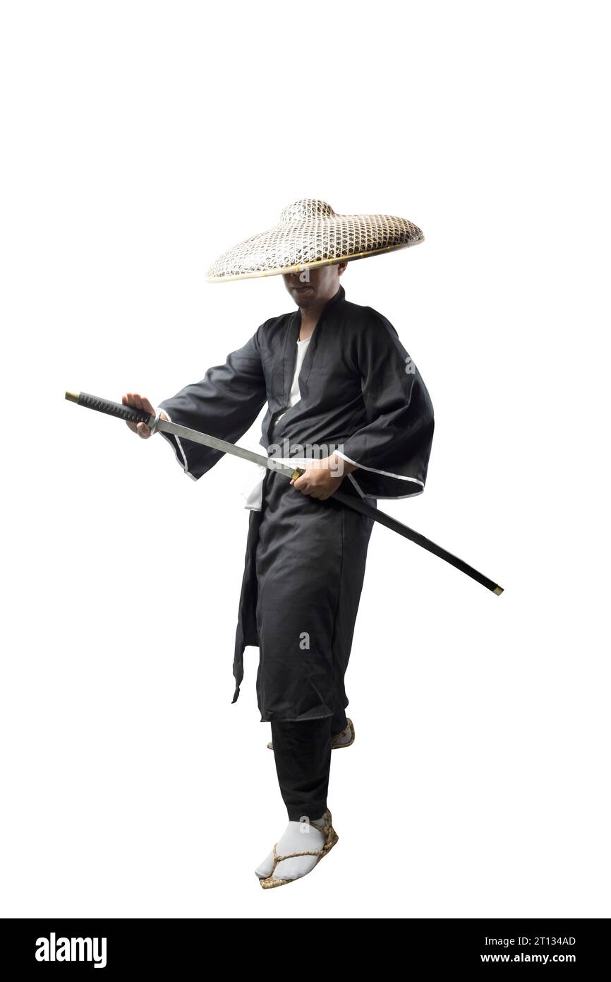 Samurai warrior gripping the sword isolated over white background Stock ...