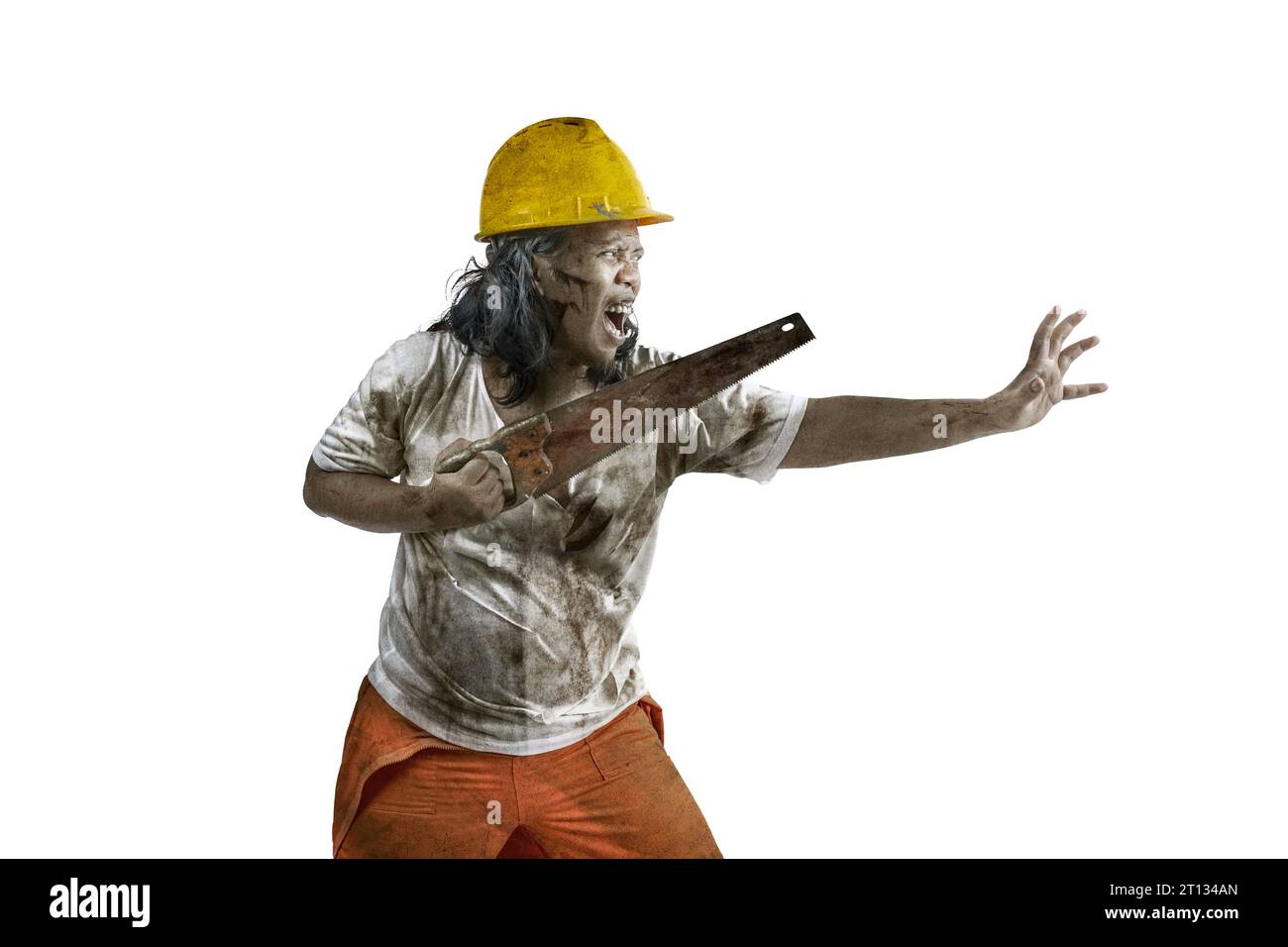 A scary construction worker zombie with blood and wounds on his body ...