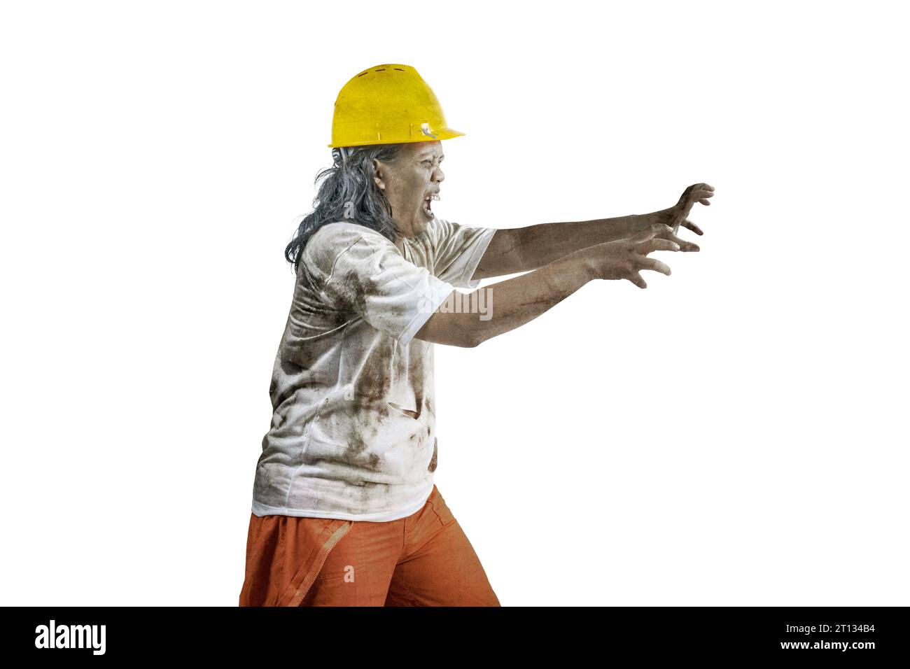 A scary construction worker zombie with blood and wounds on his body ...