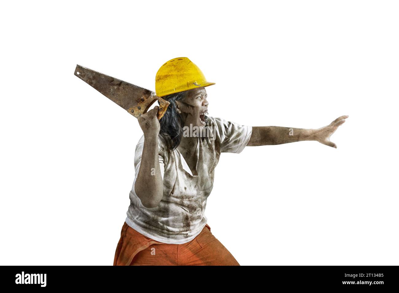 A scary construction worker zombie with blood and wounds on his body ...