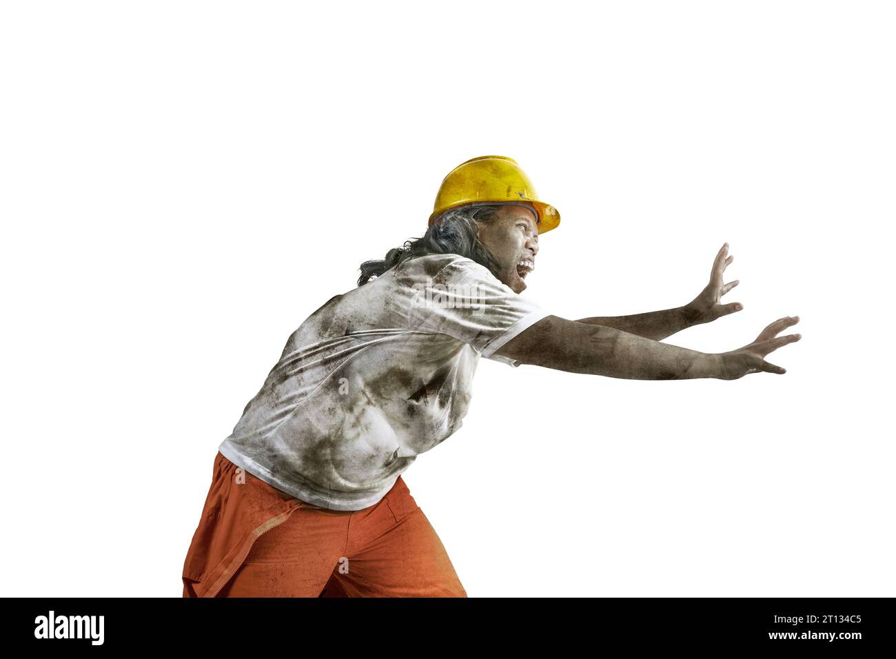 A scary construction worker zombie with blood and wounds on his body ...