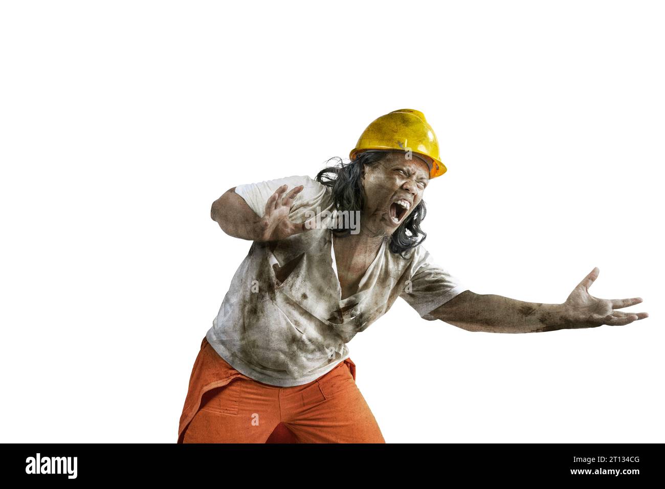 A scary construction worker zombie with blood and wounds on his body ...