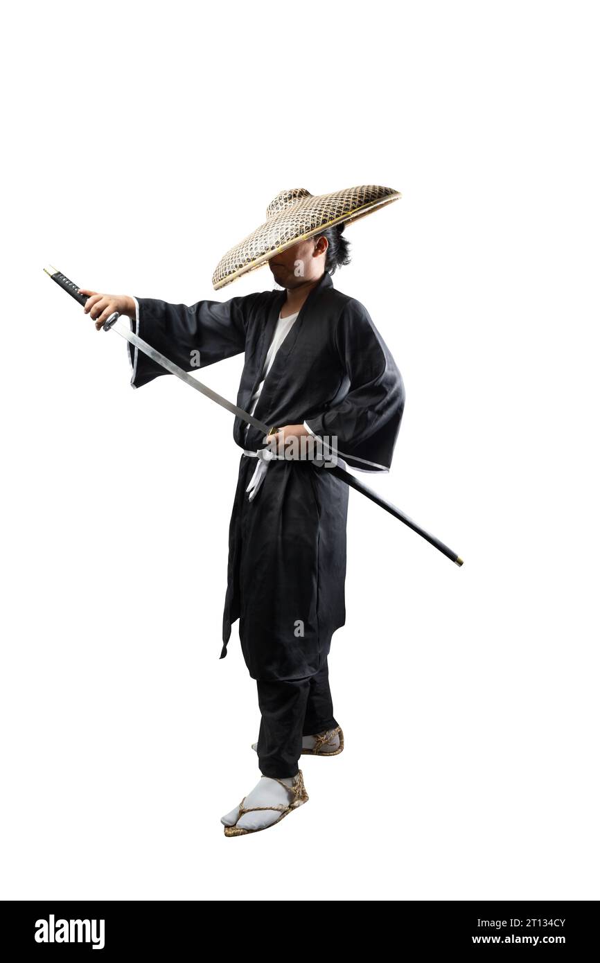 Samurai warrior gripping the sword isolated over white background Stock ...