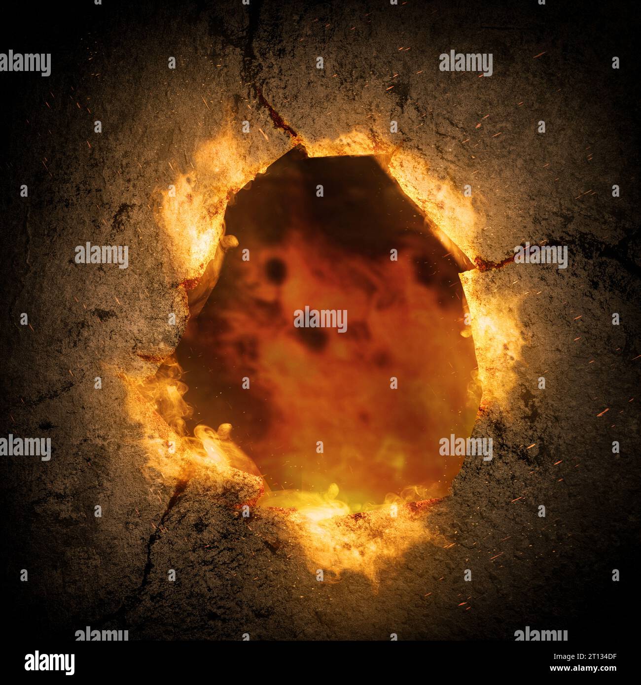 Concrete wall with a hole with fire flame background. Scary Halloween ...