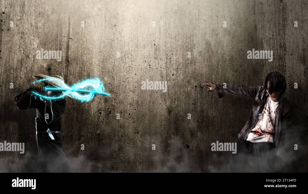 Samurai warriors holding the sword fight against scary zombies in the ...