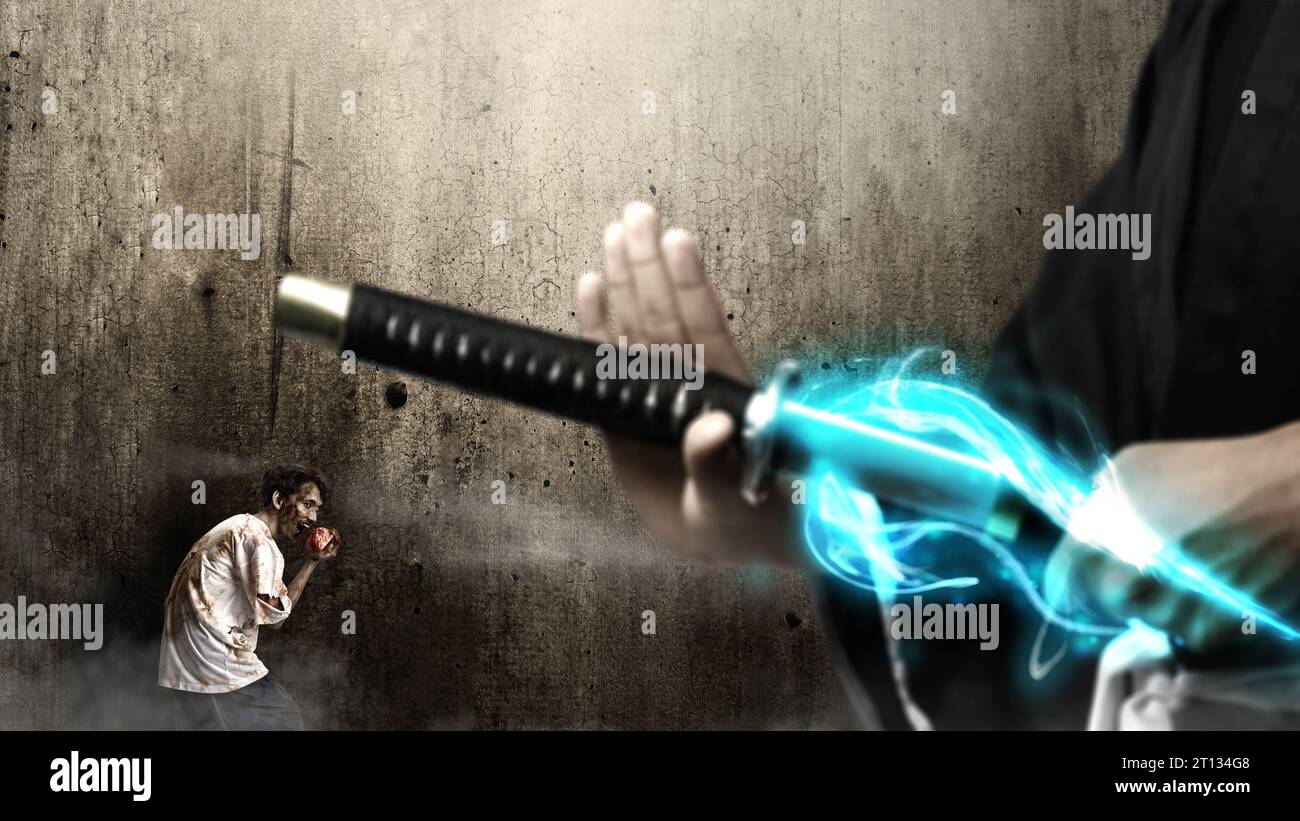 Samurai warriors gripping the sword fight against scary zombies while ...