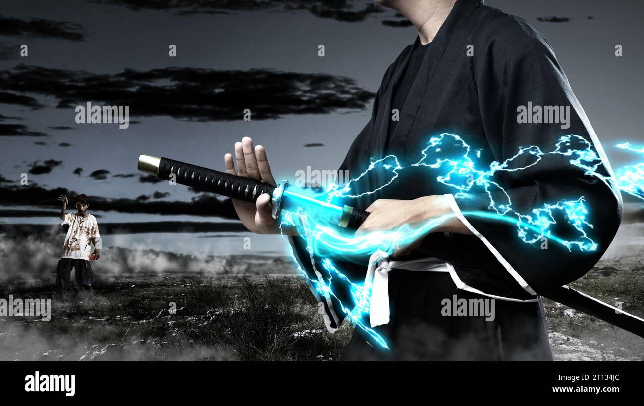 Samurai warriors gripping the sword fight against scary zombies while ...