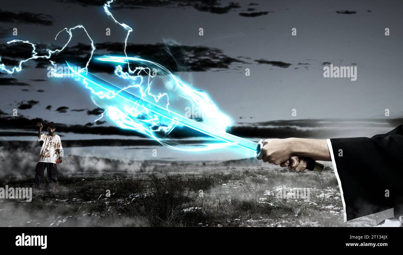 Samurai warriors holding the sword fight against scary zombies while ...