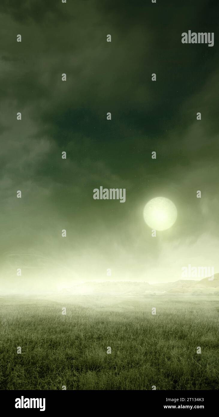 Meadow field with full moon view in the night. Scary Halloween ...