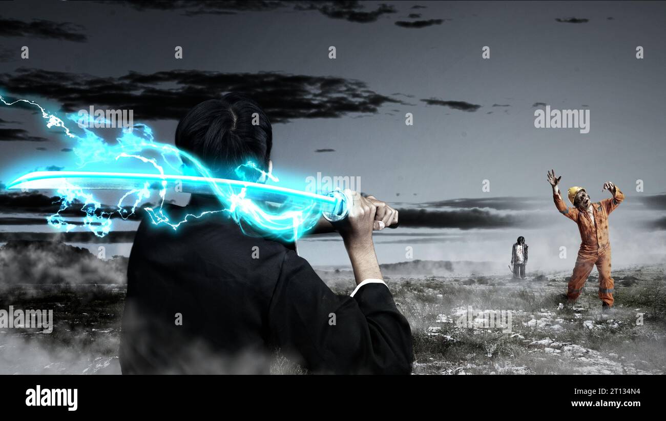 Samurai warriors holding the sword fight against scary zombies in the ...