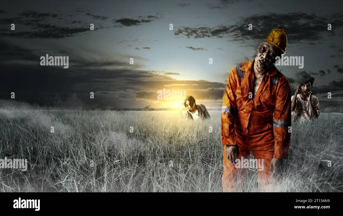 A group of scary zombies with blood and wounds on their bodies are ...