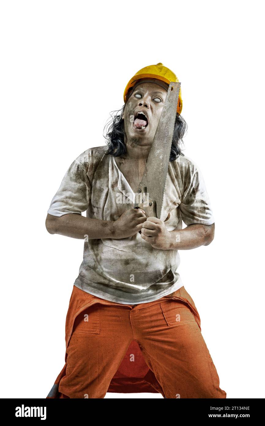 A scary construction worker zombie with blood and wounds on his body ...