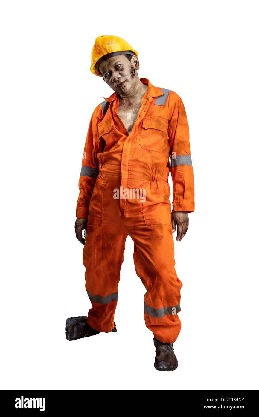 A scary construction worker zombie with blood and wounds on his body ...