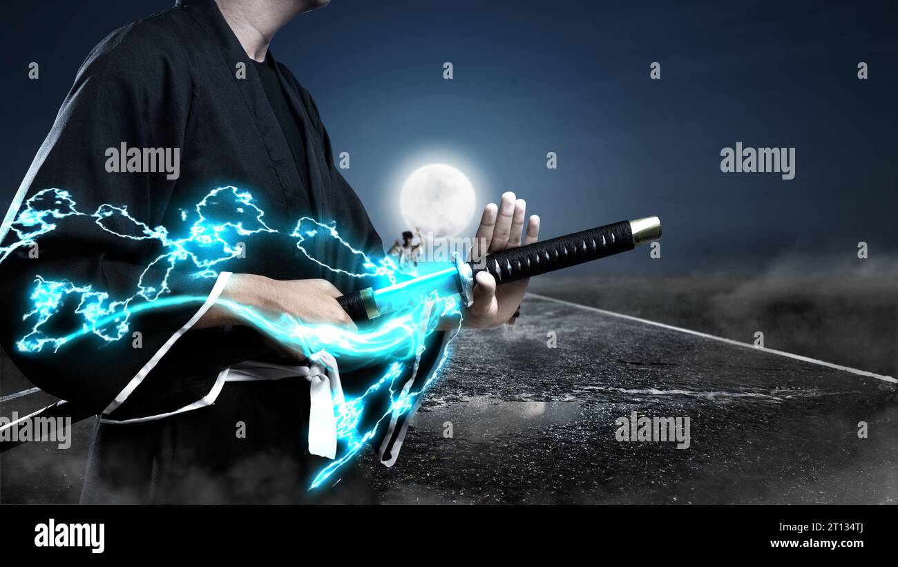 Samurai warriors gripping the sword fight against scary zombies in the ...