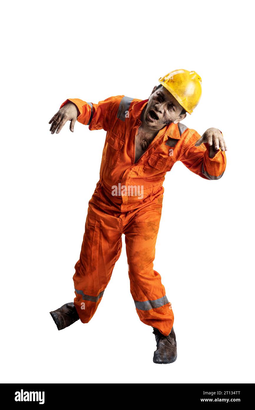 A scary construction worker zombie with blood and wounds on his body ...
