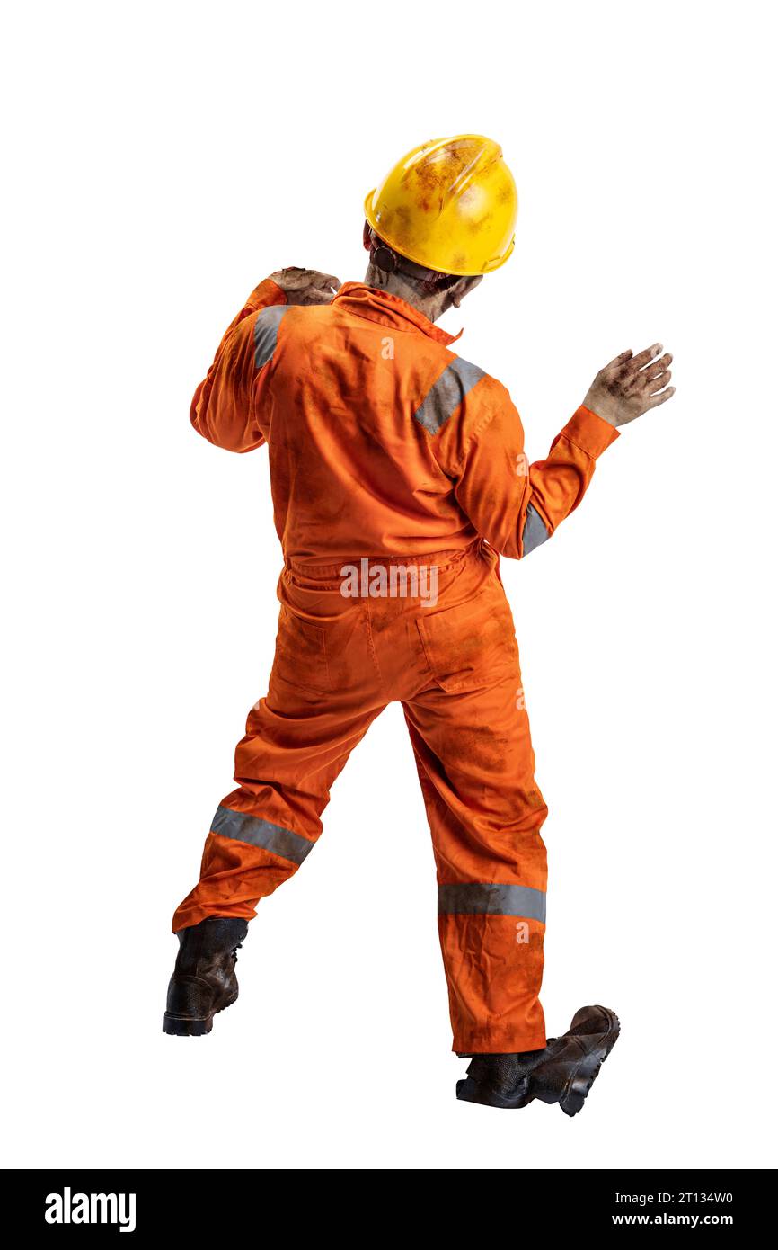 A scary construction worker zombie with blood and wounds on his body ...