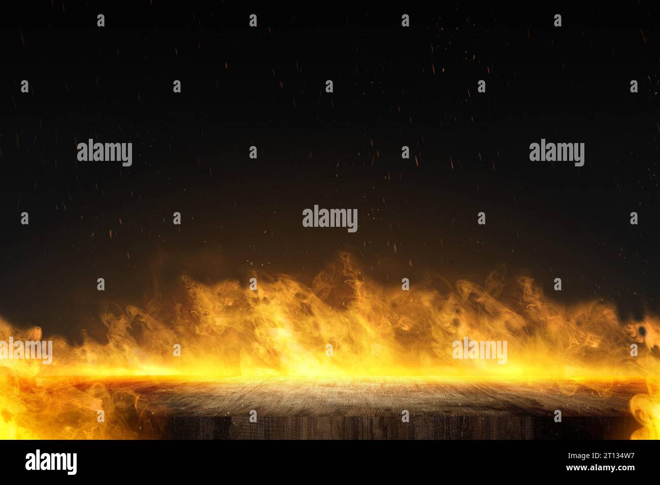 Concrete floor with fire flame on a dark background. Scary Halloween ...