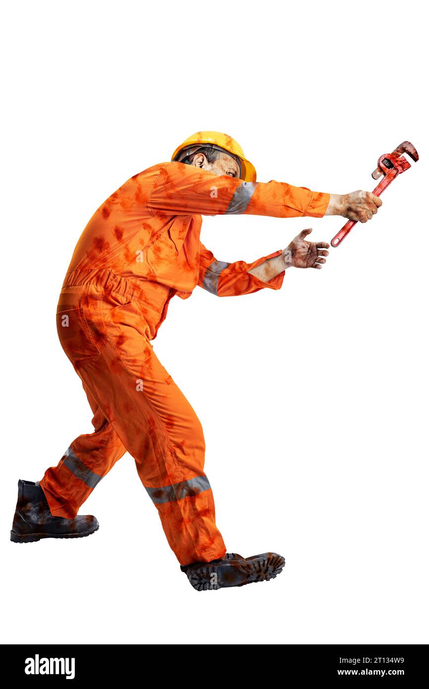 A scary construction worker zombie with blood and wounds on his body ...