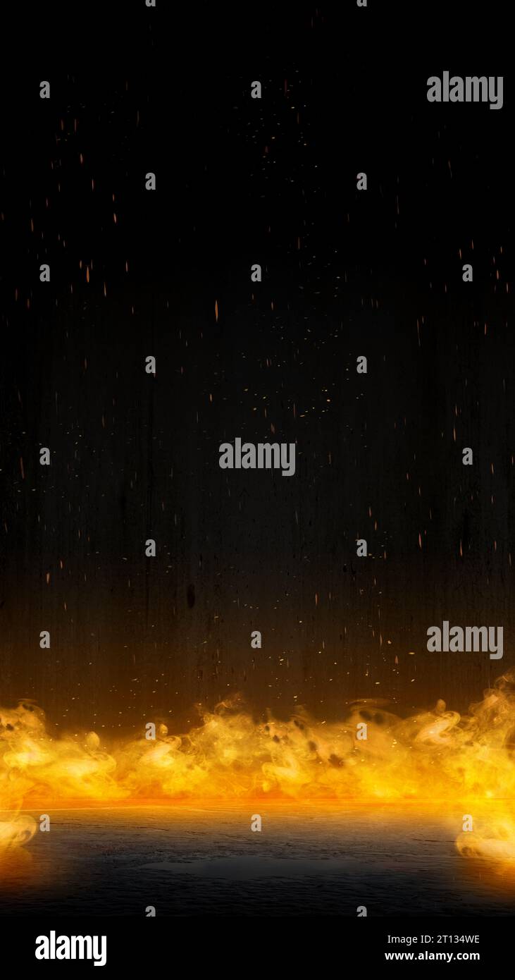 Concrete floor with fire flame on a dark background. Scary Halloween ...