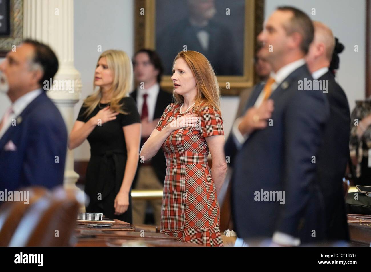 Austin Texas USA, October 9 2023: State Rep. Shelby Slawson (center), R ...